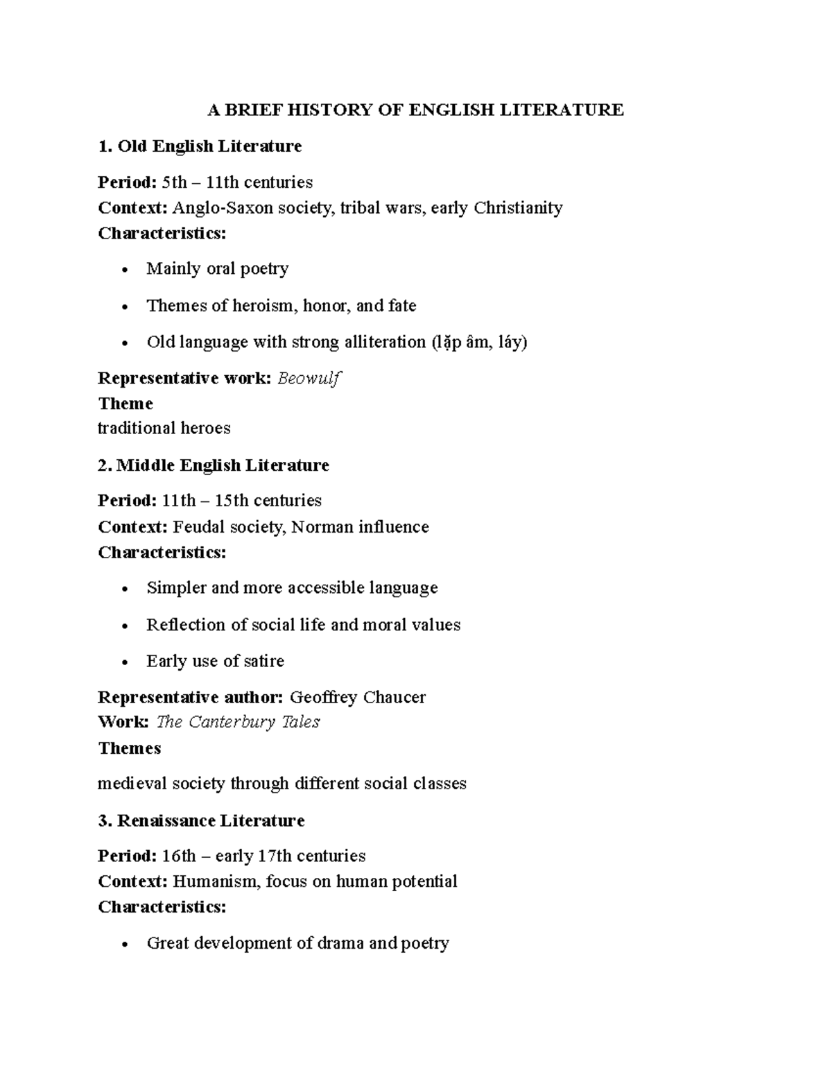 A Brief History of English Literature: Key Periods and Themes - Studocu