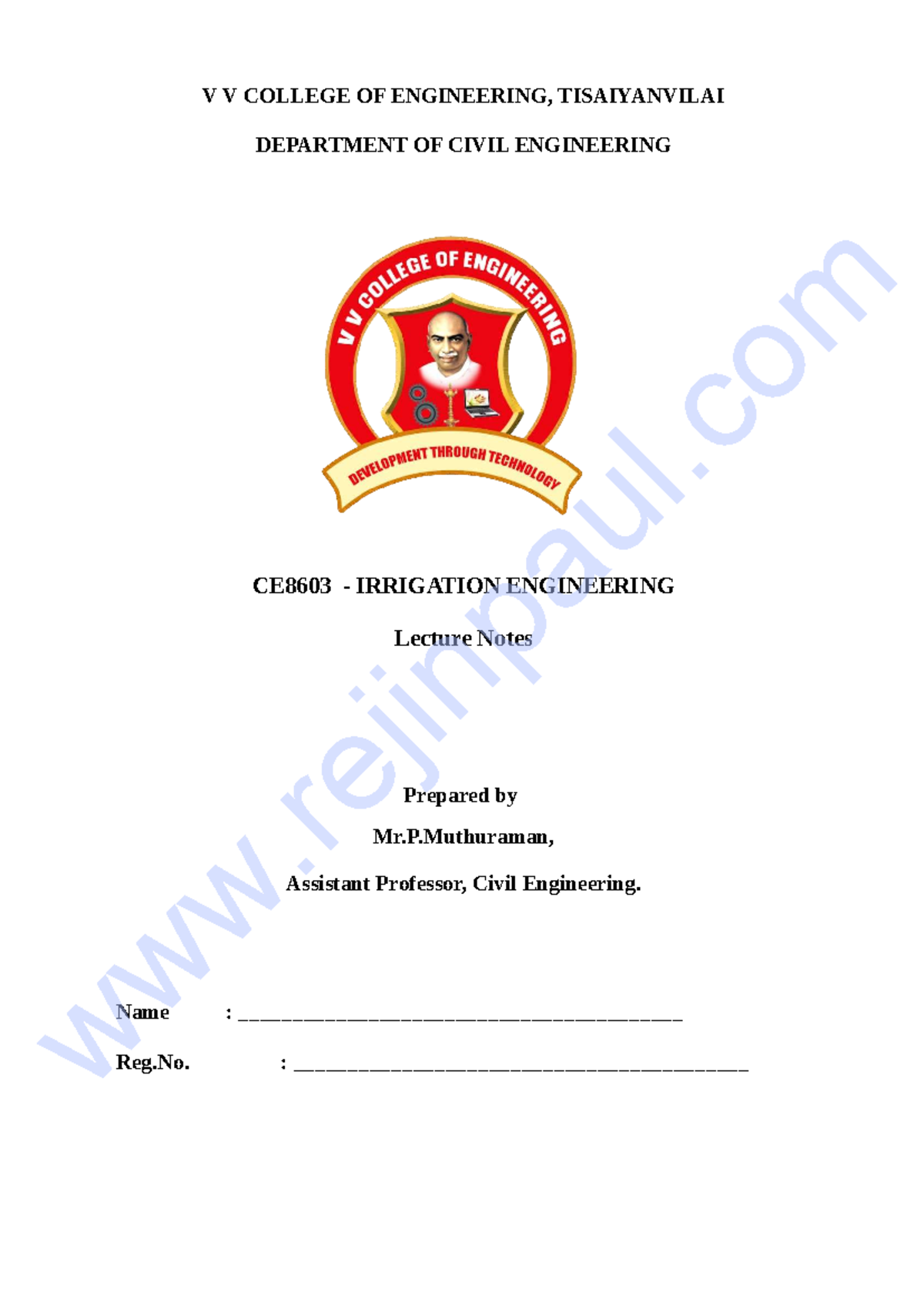 CE8603 Irrigation Engineering Lecture Notes by Mr. P. Muthuraman - Studocu