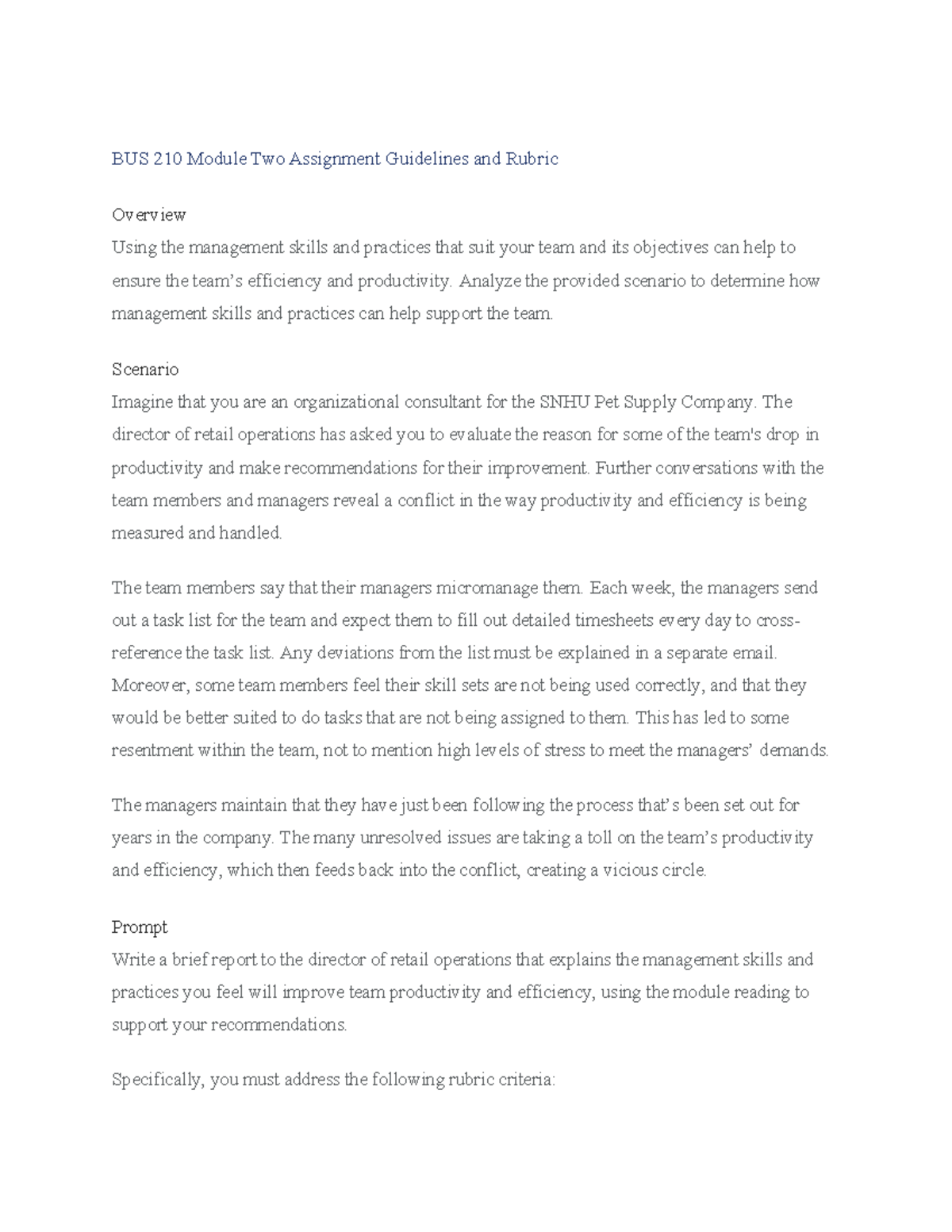 BUS 210 Week 2 Assignment: Enhancing Team Productivity & Management ...