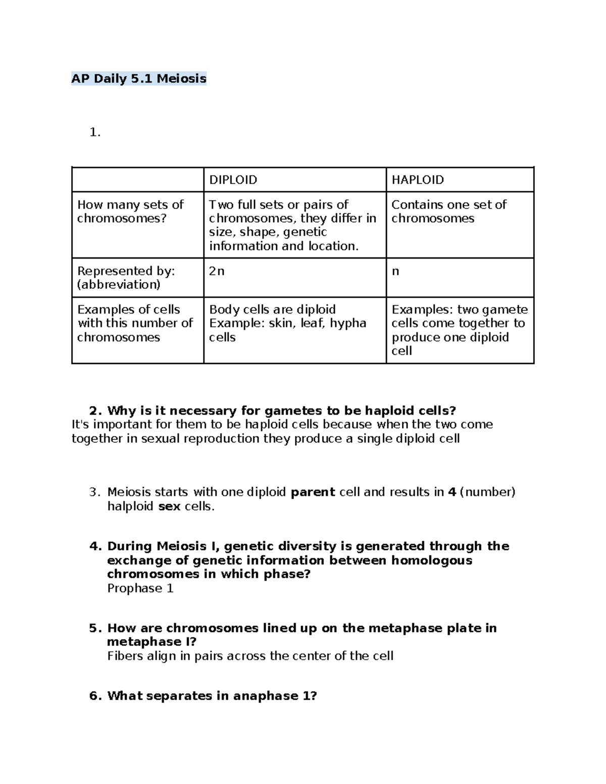 AP Biology 5: Meiosis & Genetic Inheritance Video Notes - Studocu
