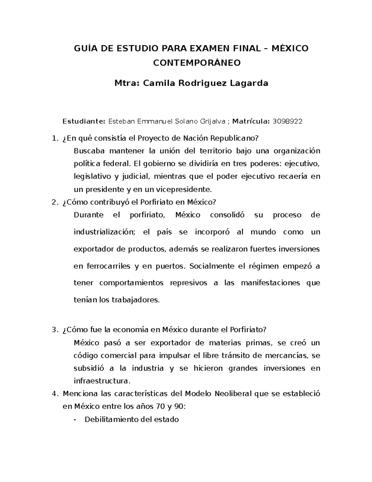 Guía de estudio - Méx. contemp. - 22-nov - GUÍA DE ESTUDIO PARA EXAMEN ...