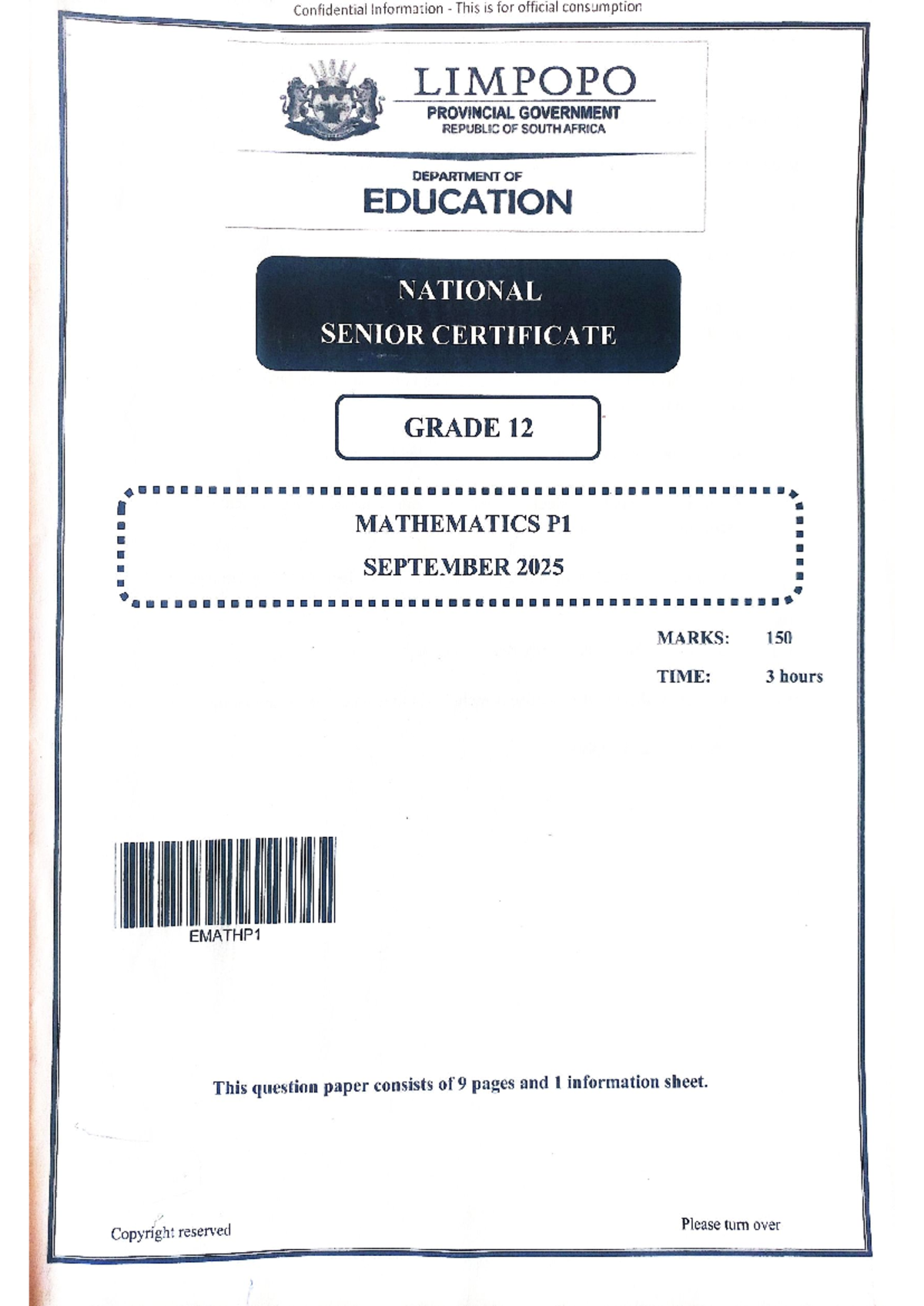 Mathematics P1 NSC Grade 12 September 2025 Exam Paper - Studocu