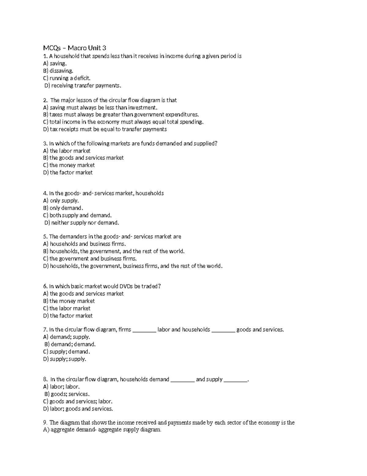 MCQs for Macro Unit 3 - Economic Concepts and Circular Flow - Studocu