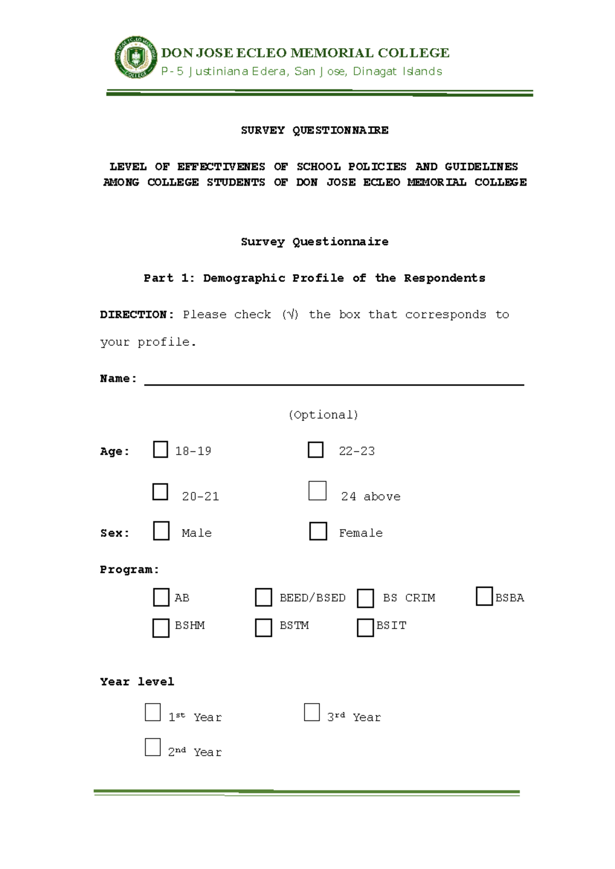 Survey- Questionares - IT JUST A SAMPLE QUESTIONNAIRES - P - 5 J ...