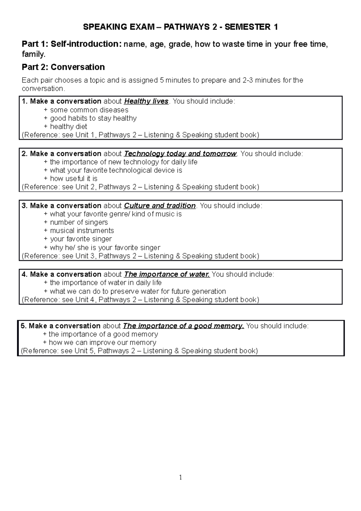 PW2 Speaking TERM 1 Student'S - SPEAKING EXAM – PATHWAYS 2 - SEMESTER 1 ...