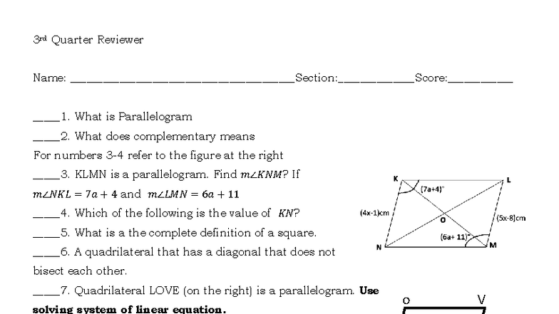 Math 9 Q3 Reviewer 2025: Parallelograms, Triangles, and Ratios - Studocu
