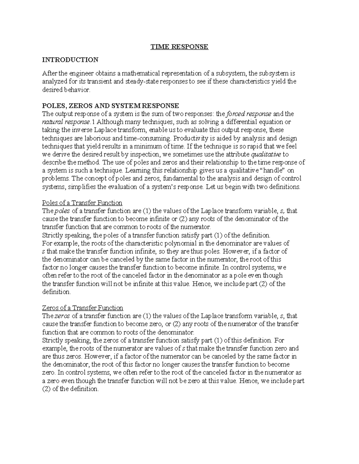 Time Response Analysis: Poles, Zeros & System Dynamics Notes - Studocu
