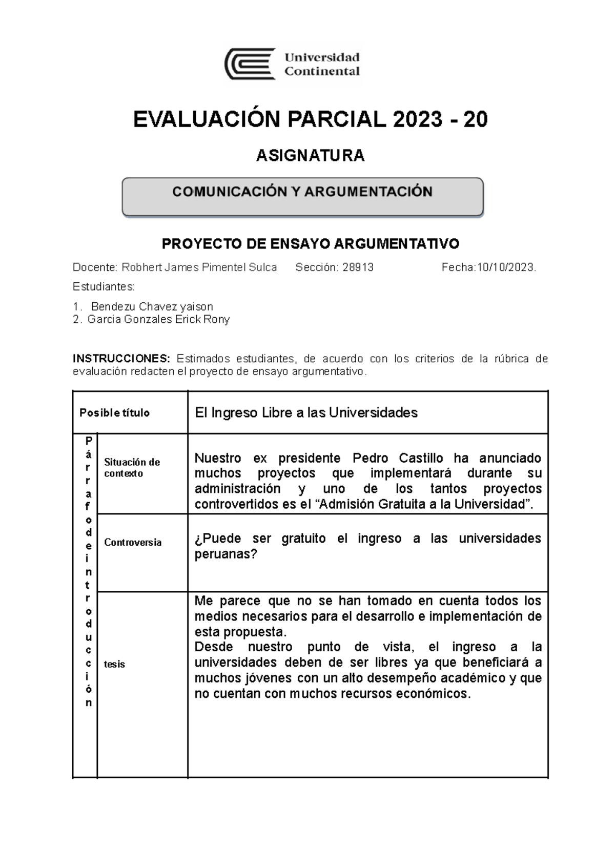 Proyecto de Ensayo Argumentativo: Ingreso Libre a Universidades 2023-20 ...