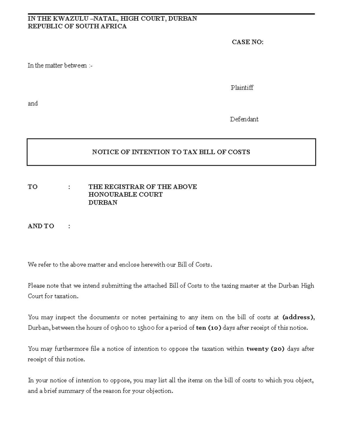 Notice of Intention to Tax Bill of Costs - Case No: [Insert Number ...
