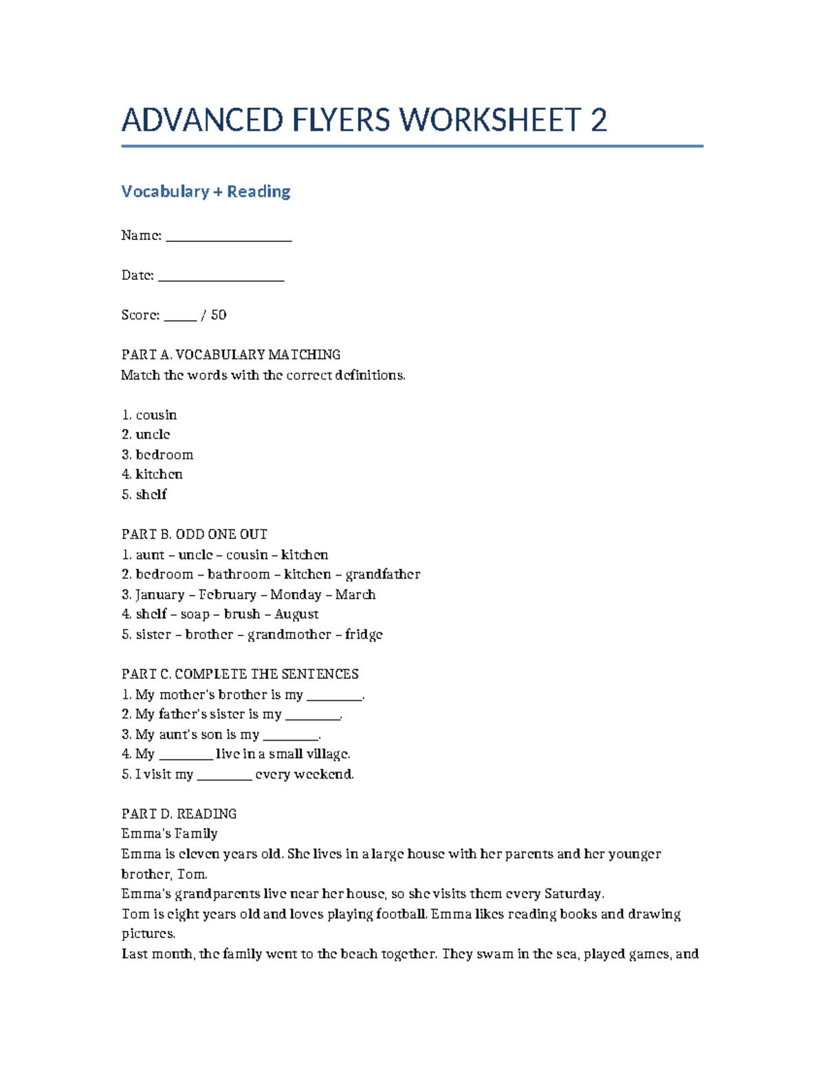 Advanced Flyers Worksheet 2: Vocabulary & Reading Activities - Studocu