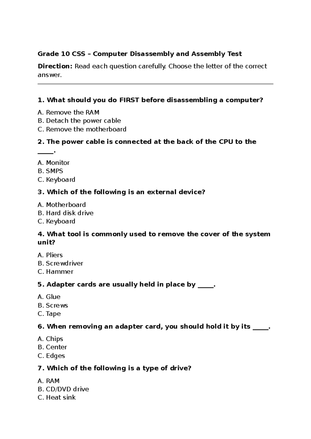 Grade 10 CSS Computer Disassembly & Assembly Test Questions - Studocu