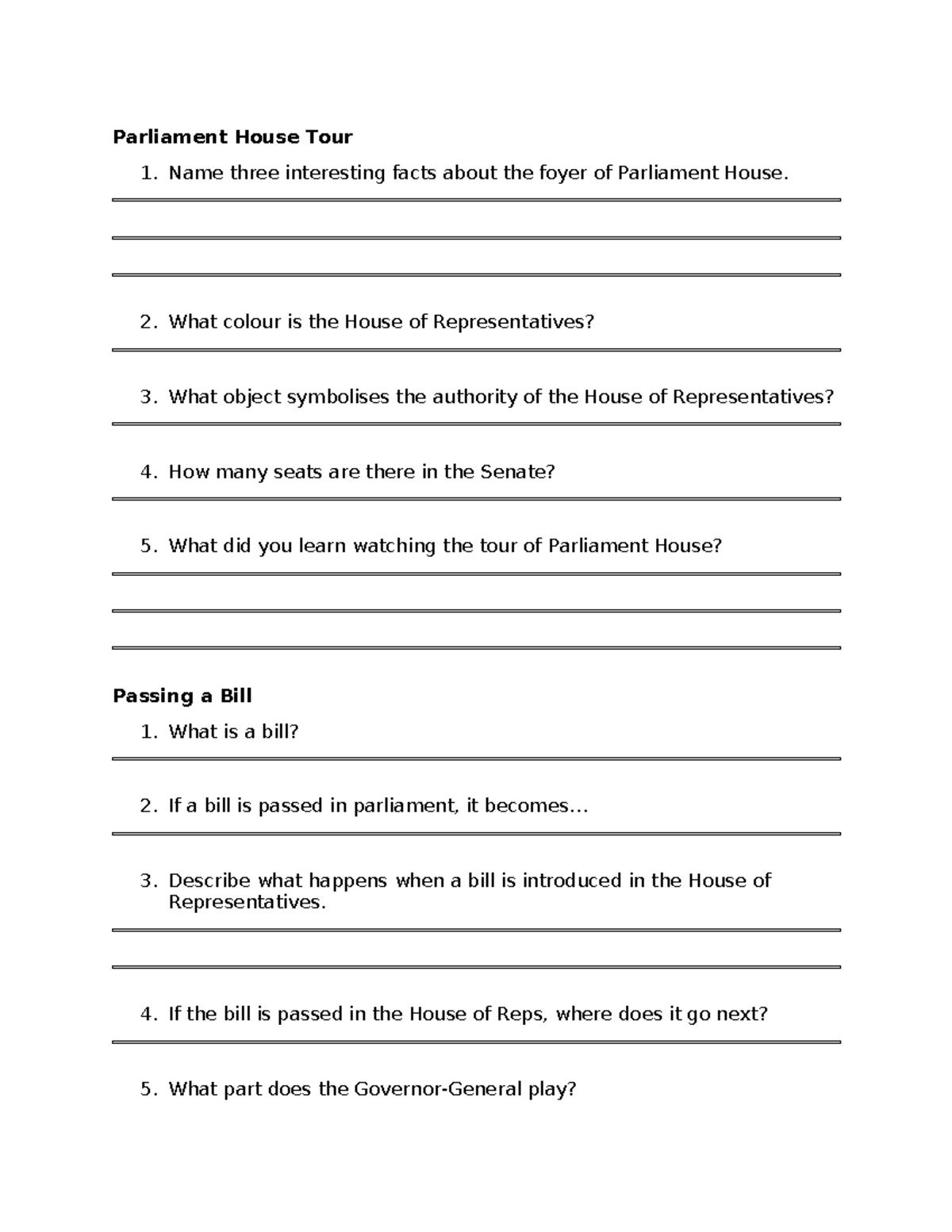Australian Government Worksheet: Parliament House Insights - Studocu