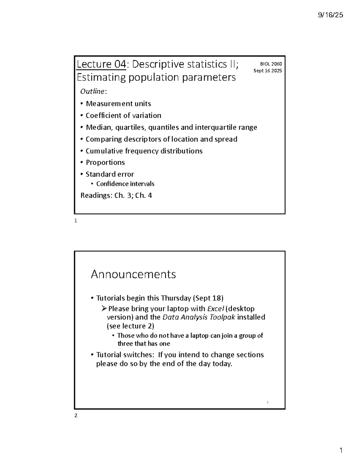 Lecture 04: Descriptive Statistics & Population Parameters BIOL 2060 ...