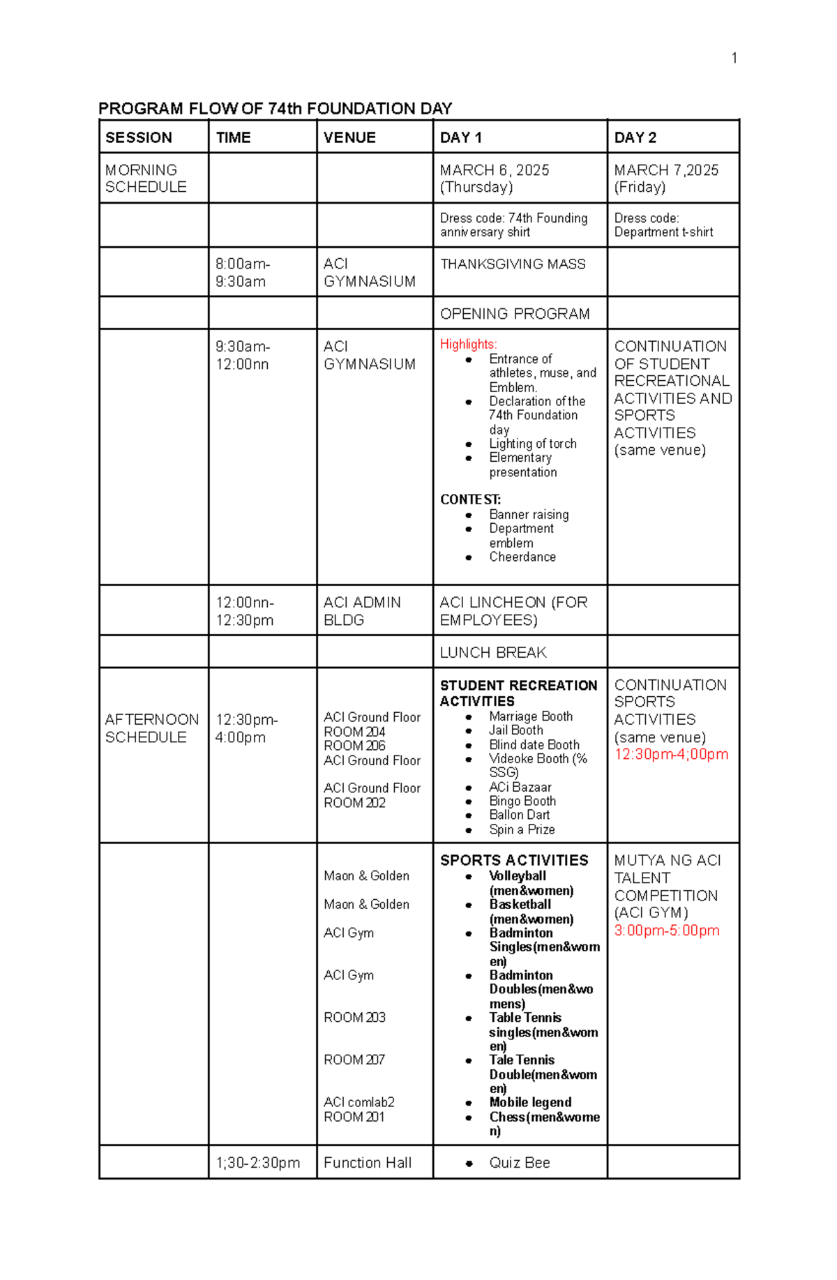 Foundation Program: Schedule and Activities for 74th Foundation Day ...
