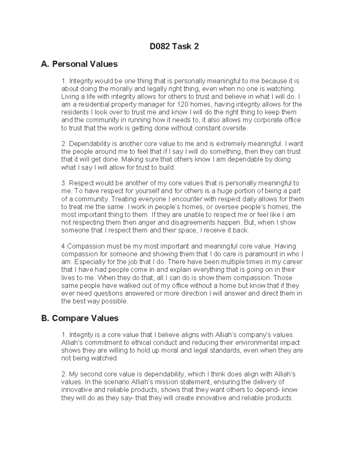 Task 2 D082 - Passed - D082 Task 2 A. Personal Values 1. Integrity ...