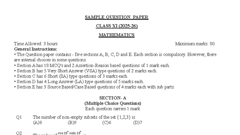 Mathematics Sample Question Paper Class XI 2025-26 - Studocu