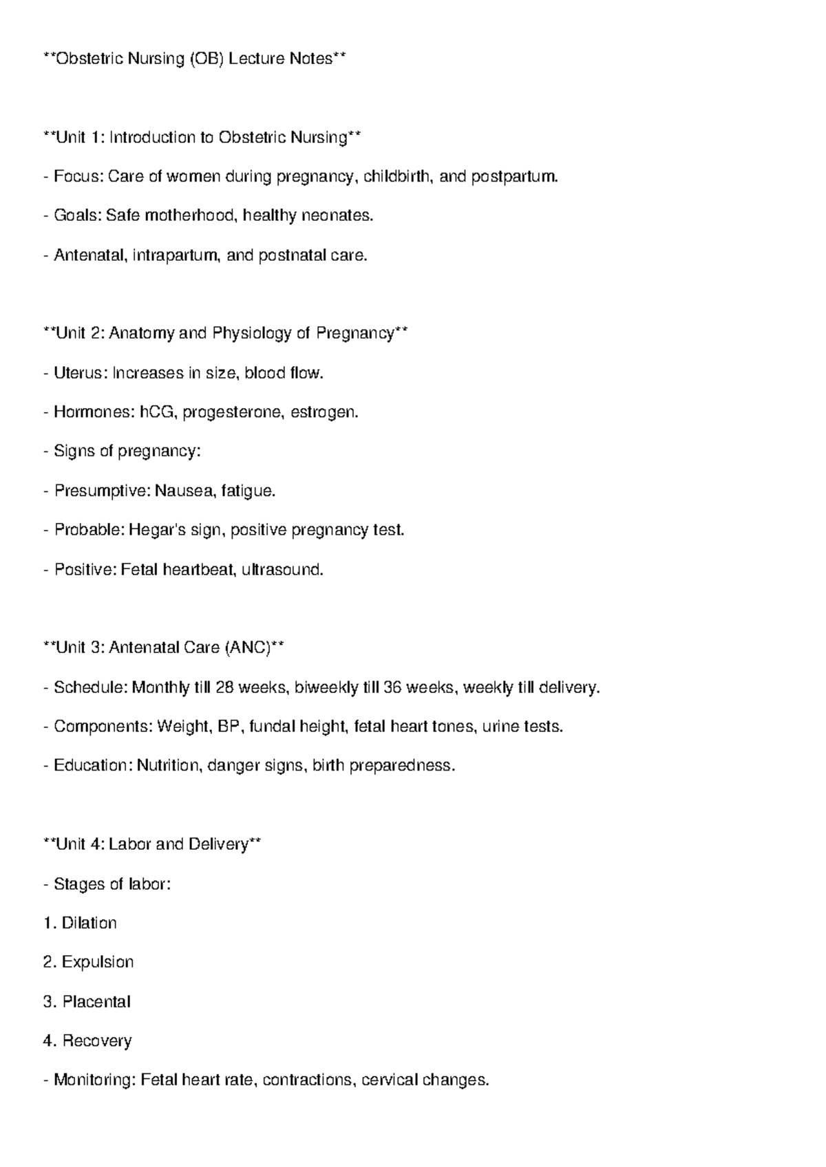 Nursing (OB) Lecture Notes: Comprehensive Overview of Obstetric Care ...