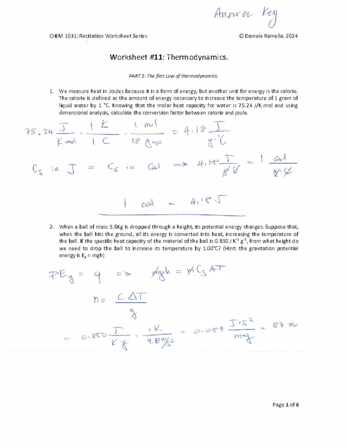 CHEM 1031: Thermochemistry Worksheet 11 Answer Key - Studocu