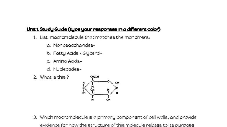 Biochem 101: Unit 1 Macromolecules & Enzyme Activity Study Guide - Studocu