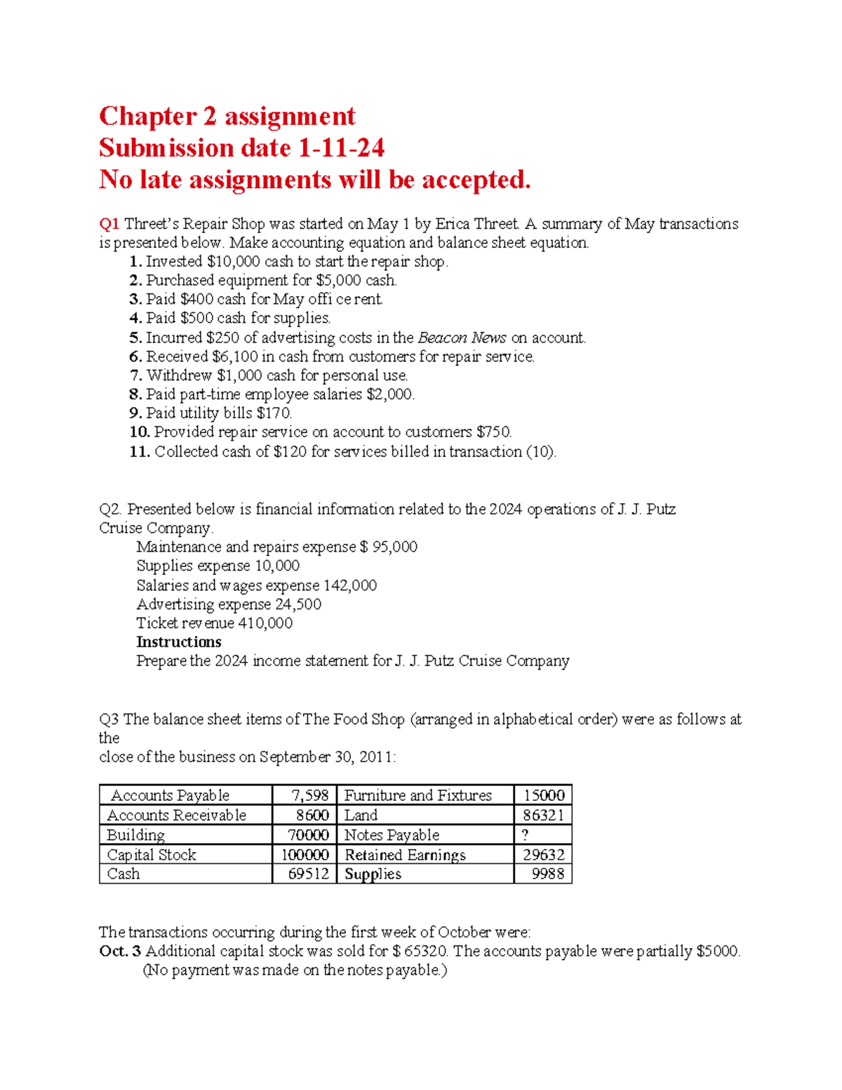 Accounting assisment 1 - Chapter 2 assignment Submission date 1 - 11 ...