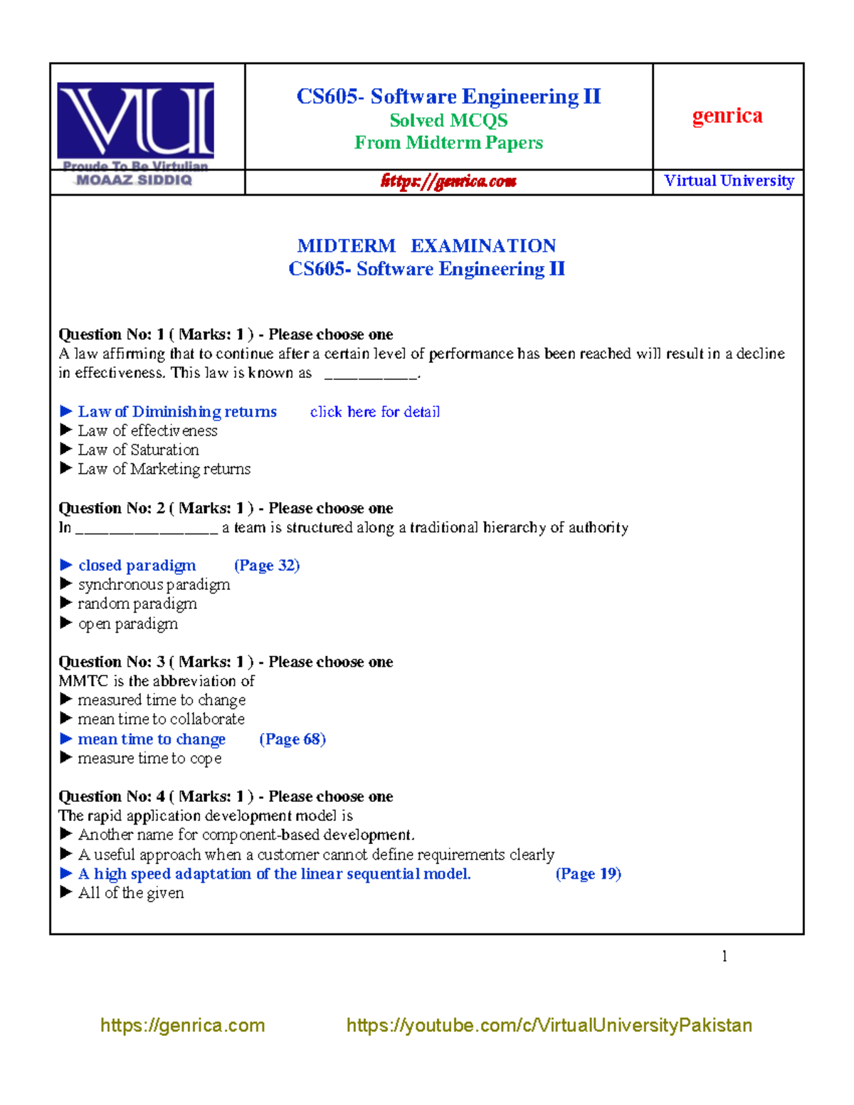 CS605 - Midterm Solved MCQs with References for Software Engineering II - Studocu