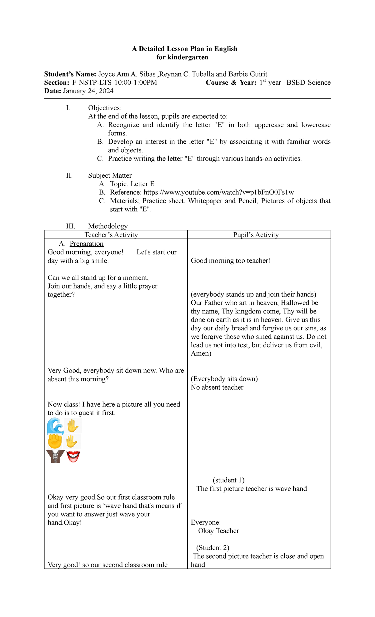 Lesson Plan: Teaching Letter E for Kinder (NSTP-LTS 10:00-1:00 PM ...