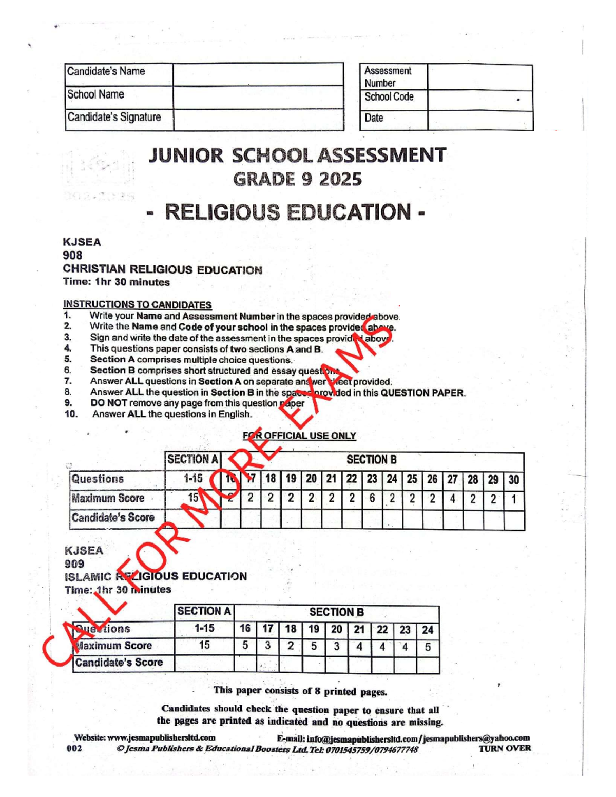 Junior School Assessment 2025: Grade 9 Religious Education KJSEA 002 ...