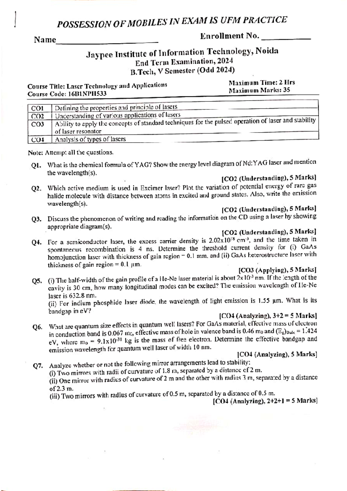 POSSESSION OF MOBILES IN EXAM IS UFM PRACTICE - 16B1NPH533 End Term ...