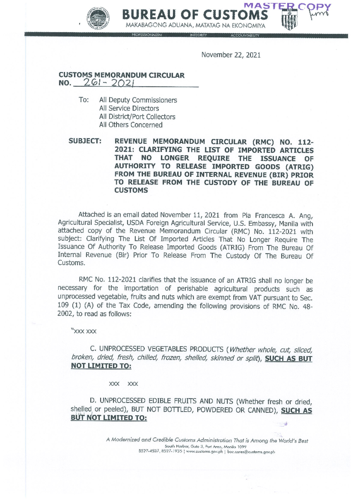 Cmc 261 2021 Revenue Memorandum Circular No 112 2021 - DEPARTMENT MASTER COPY BUREAU OF CUSTOMS ...