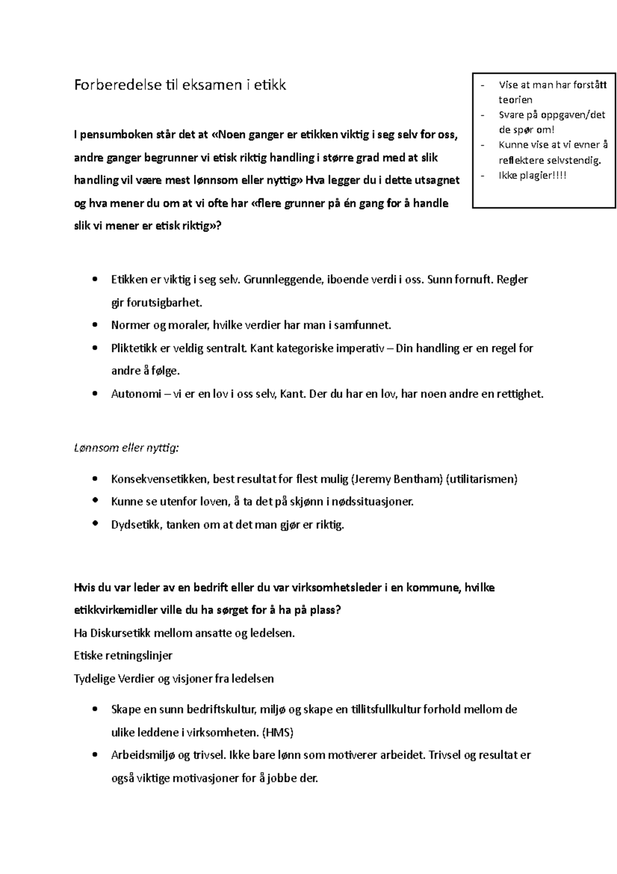 Notater for forelesning i etikk og samfunnsansvar. - Forberedelse til eksamen i etikk I ...