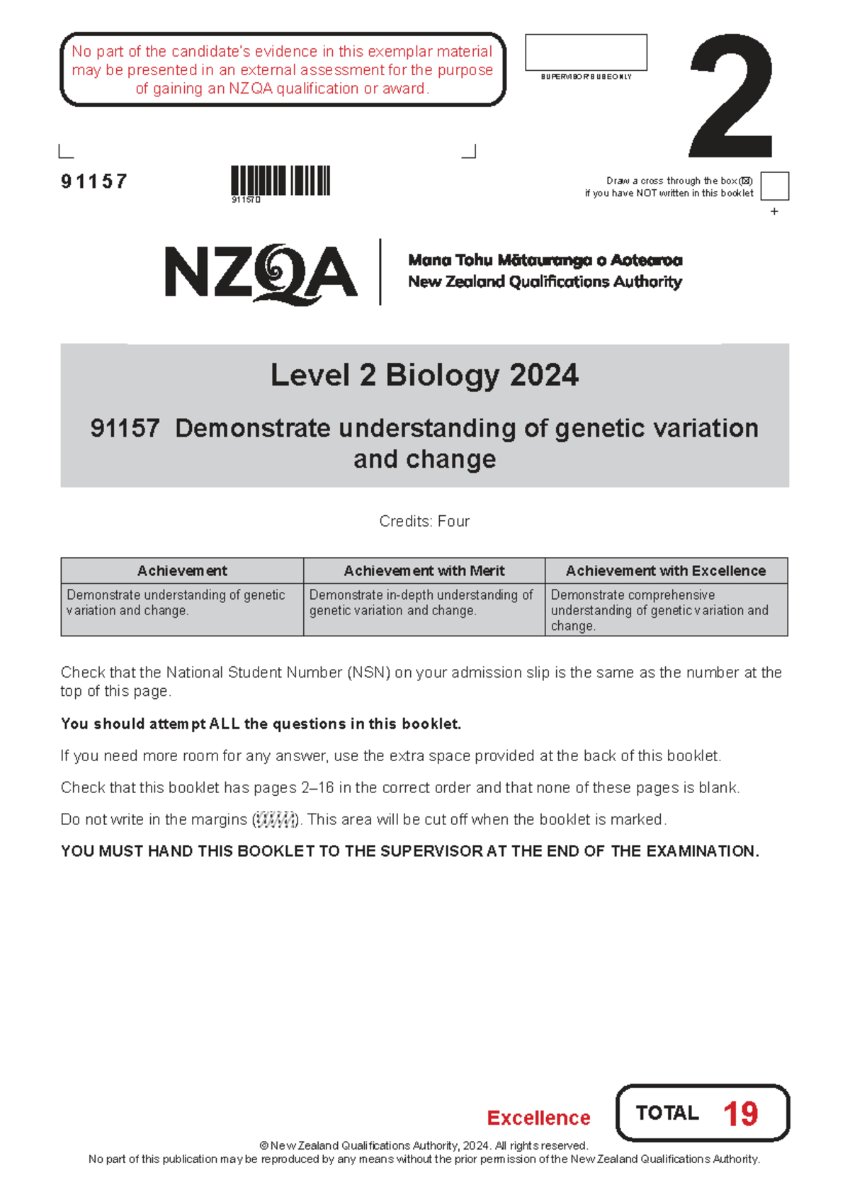 91157 Level 2 Biology 2024 Excellence Exam Notes on Genetic Variation ...