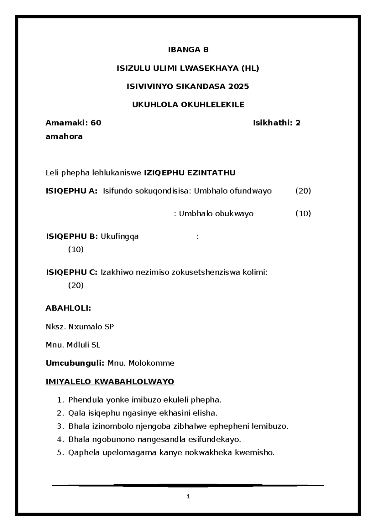 IBANGA 8 ISIZULU ULIMI LWASEKHAYA (HL) ISIVIVINYO SIKANDASA 2025 - Studocu
