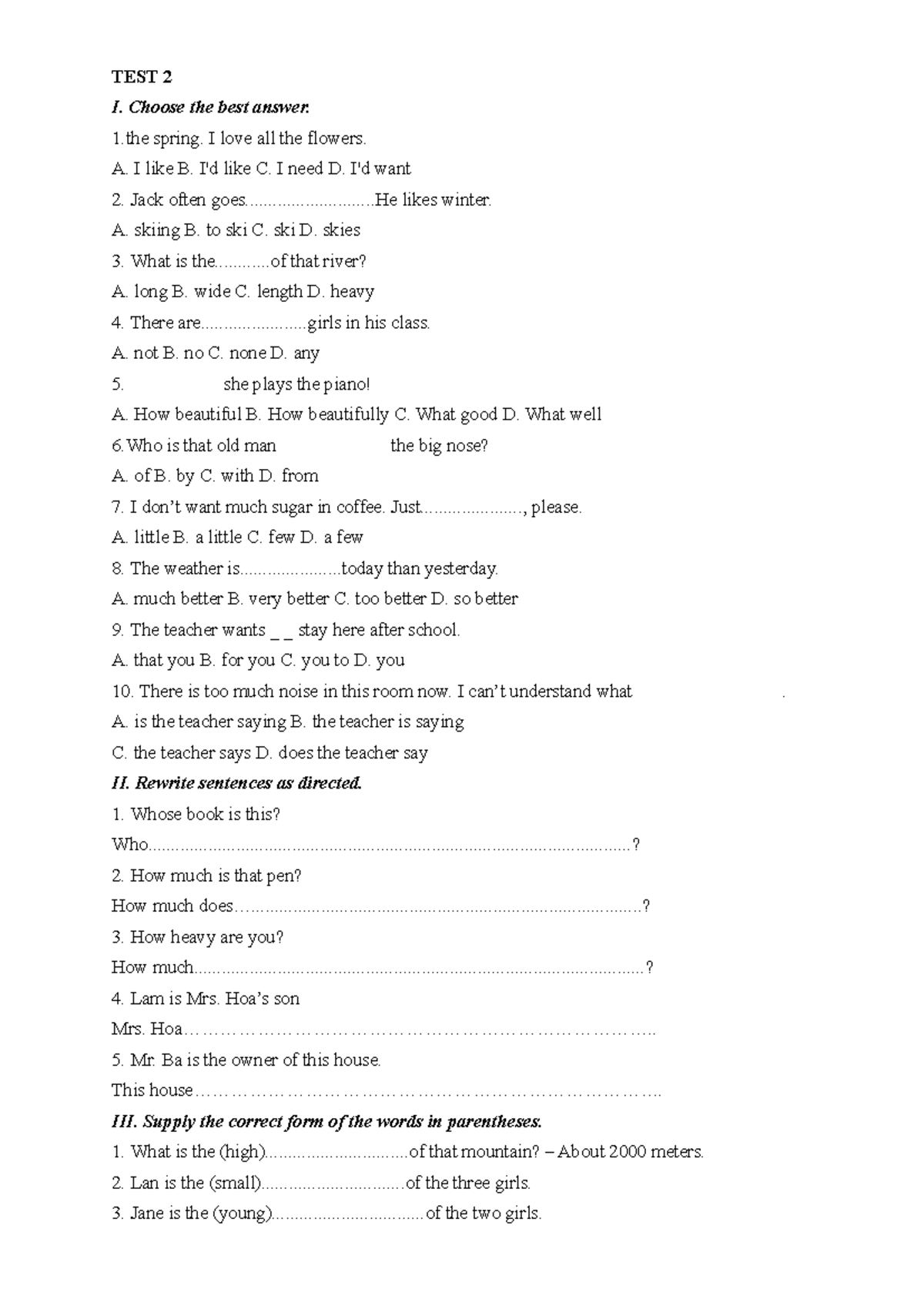 Bo De On Thi Ky 1 - Lop6789 - TEST 2: Multiple Choice & Sentence ...