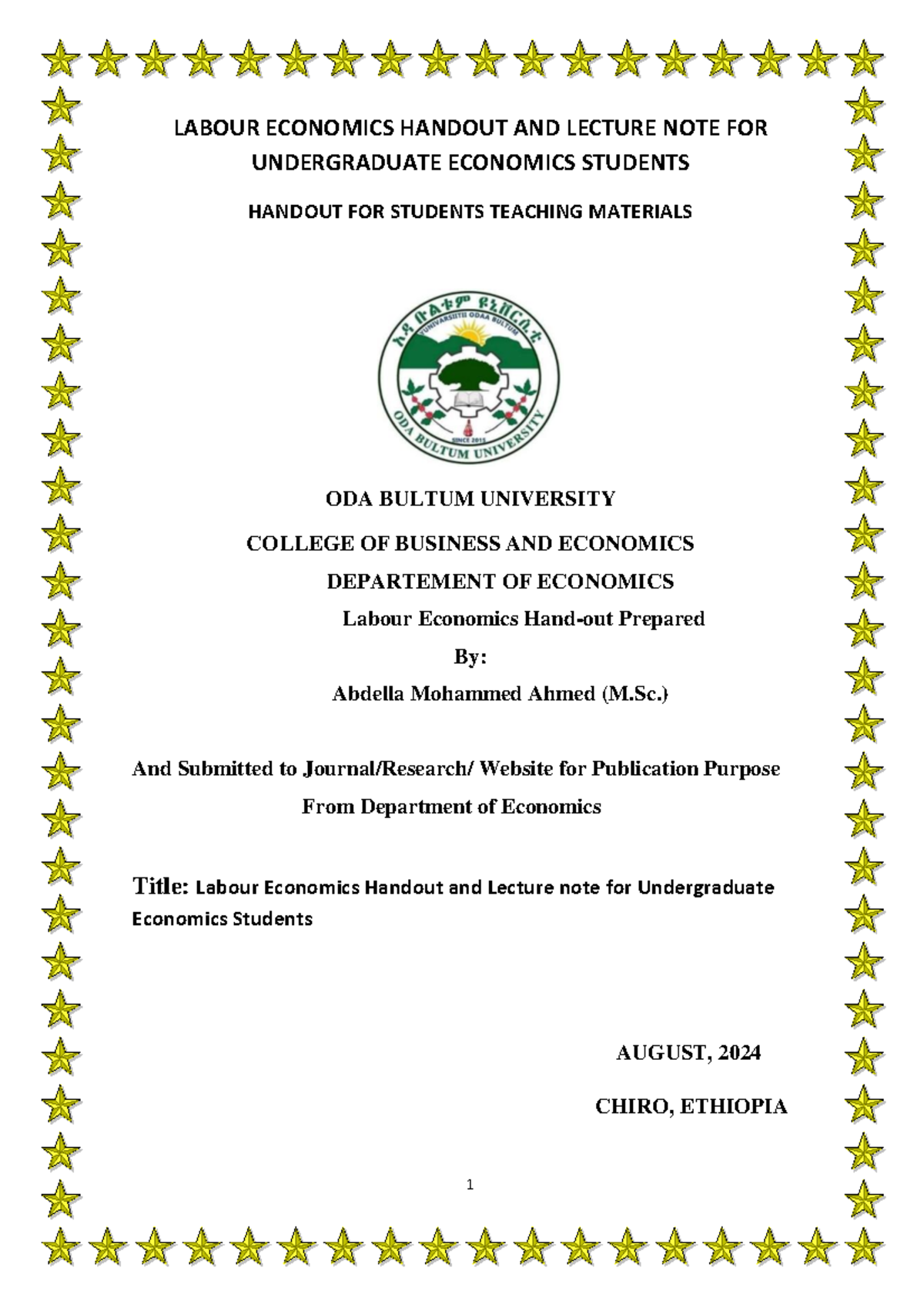 Labour Economics Lecture Notes for Undergraduates (ECON 94) - Studocu