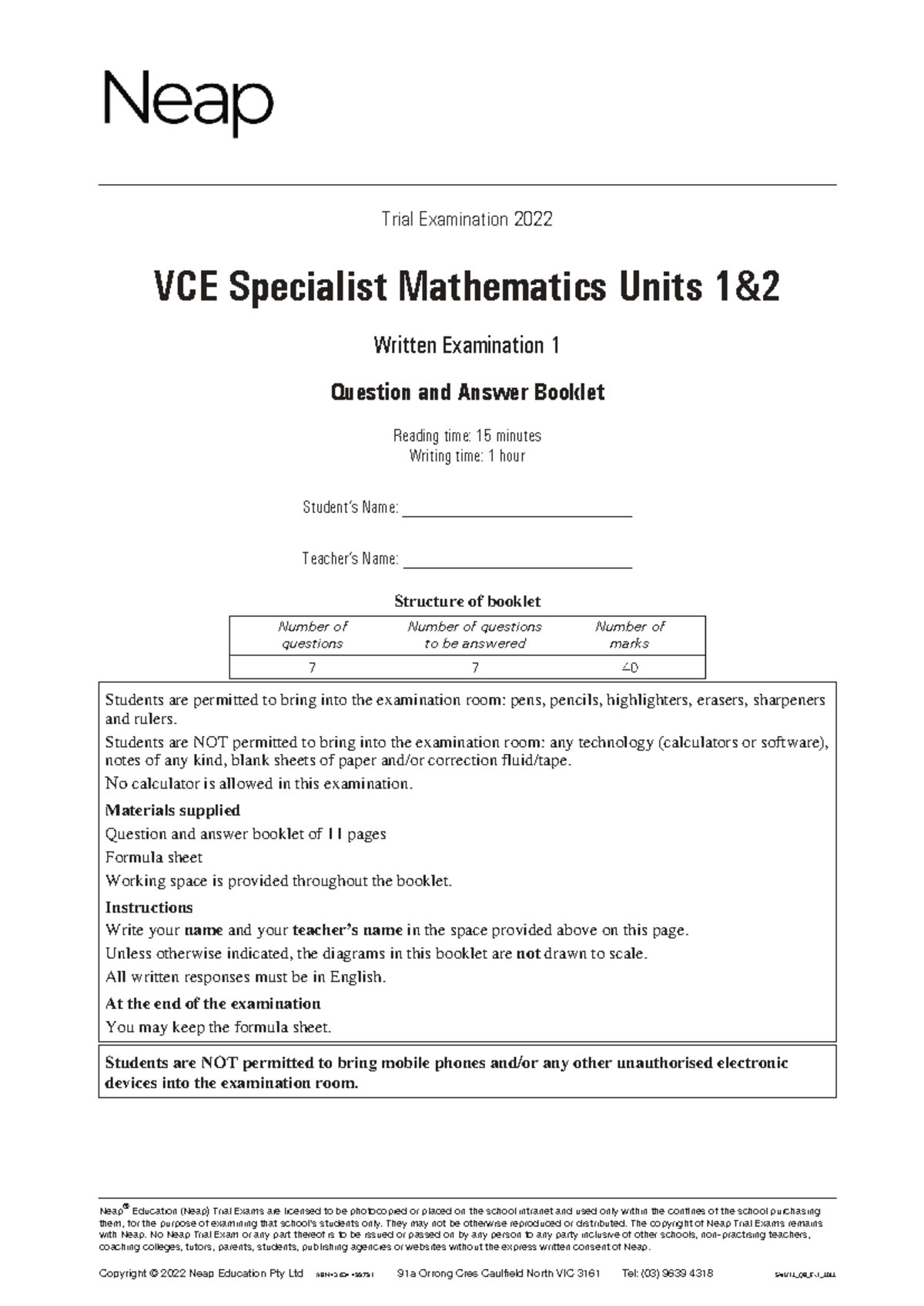 2022 VCE Specialist Mathematics Units 1 & 2 Trial Exam 1 Q&A Booklet ...