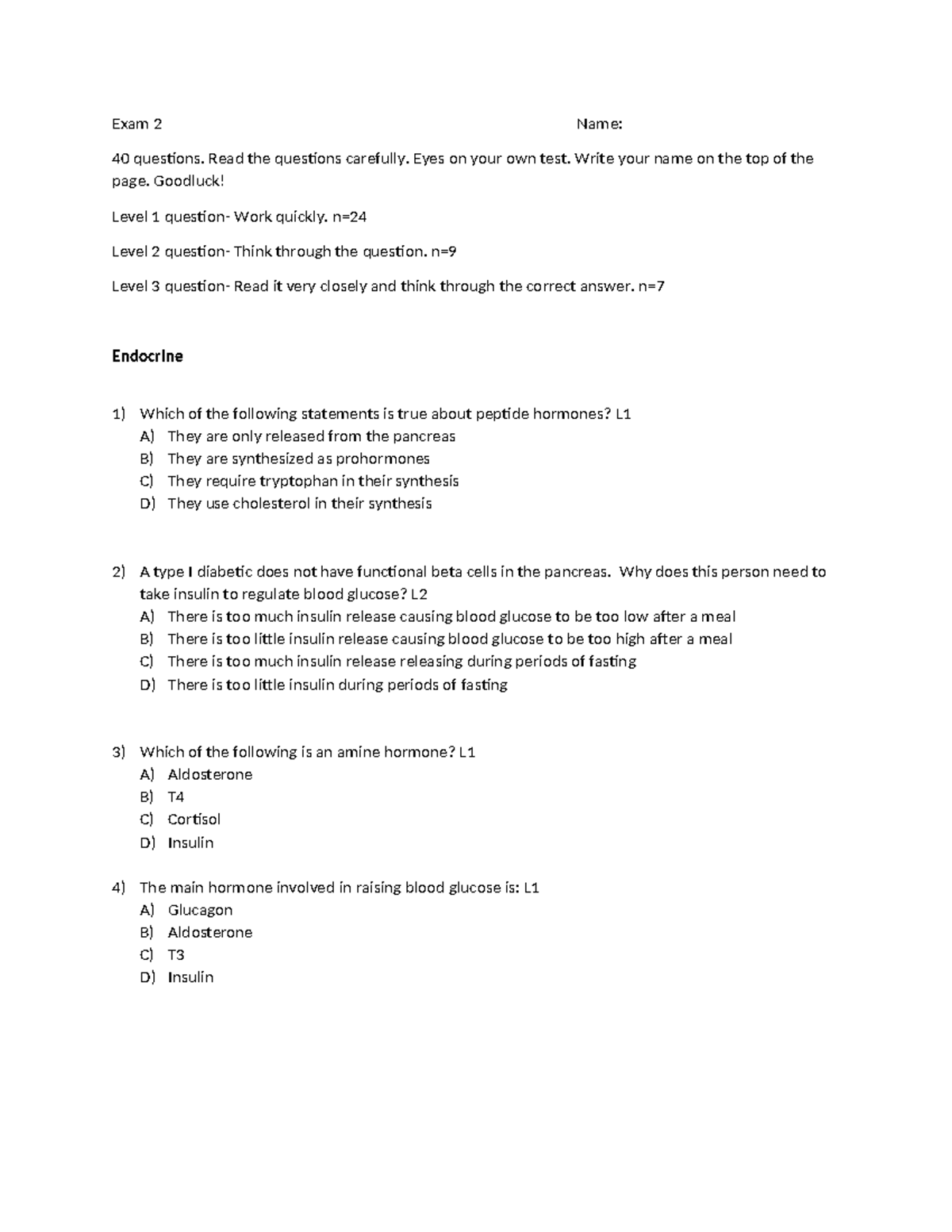 Renal and Endocrine Function Exam Review (Course Code: L1, L2, L3 ...