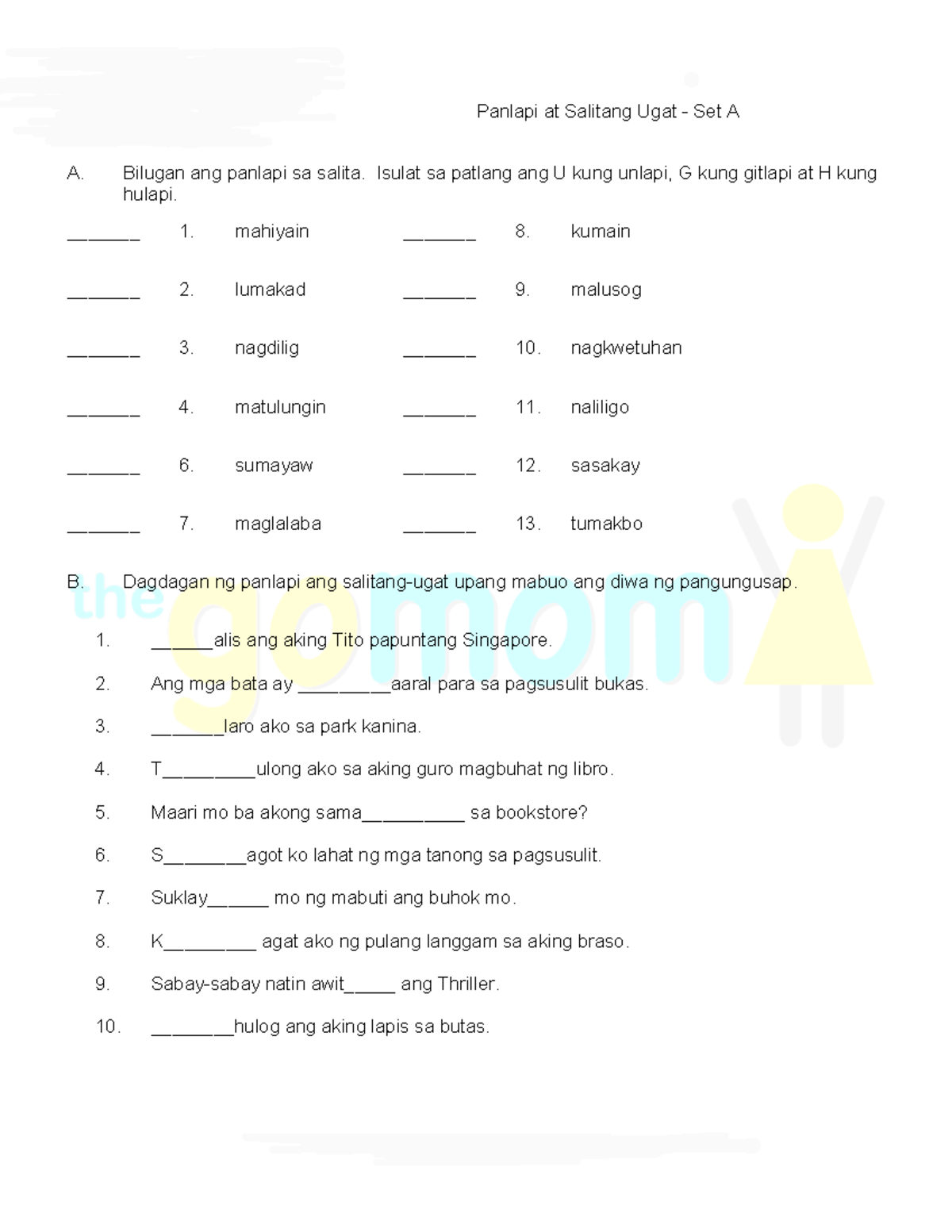 Grade 4 TASK - Panlapi at Salitang Ugat - Set A Worksheet - Studocu