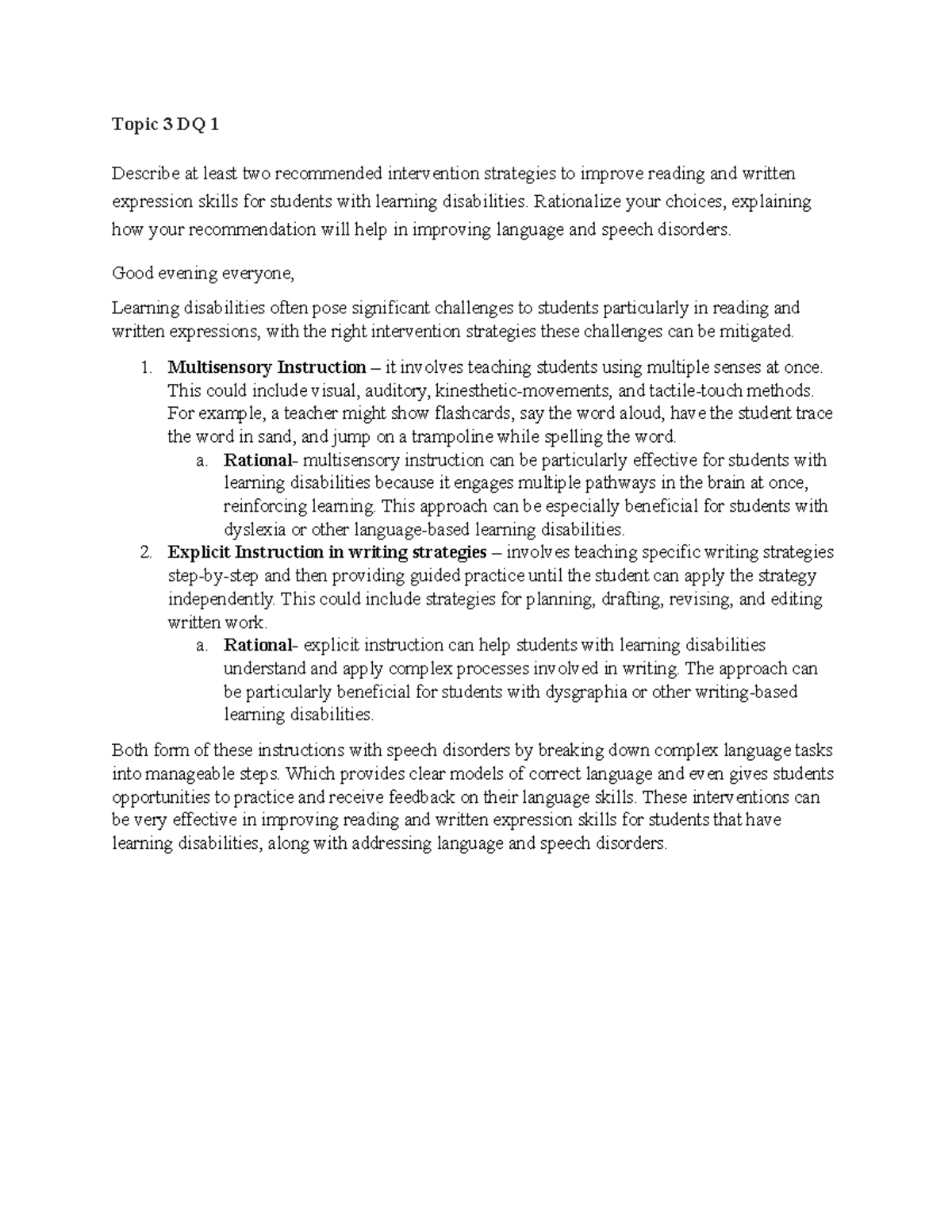 EDU 305 Week 3 DQ: Strategies for Enhancing Literacy Skills in Students - Studocu