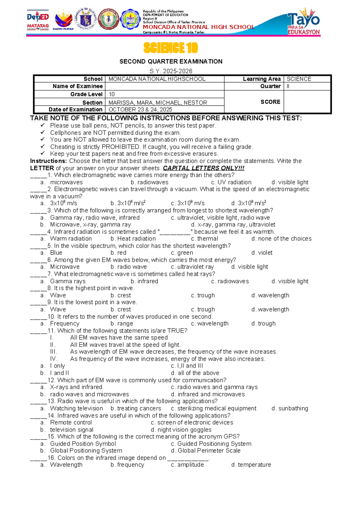 SCI10-2NDQ EXAM: Science 10 Second Quarter Assessment - Studocu