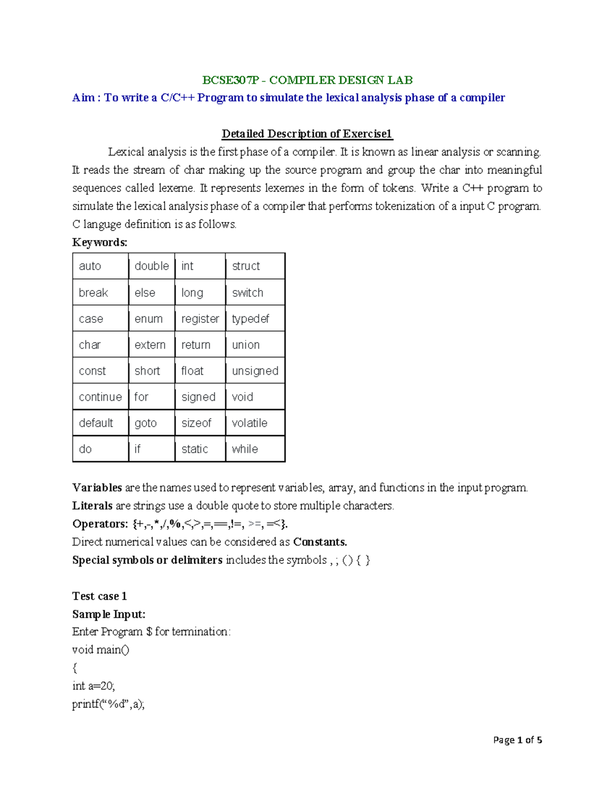 BCSE307P Compiler Design Lab: Lexical Analysis Simulation Exercise ...