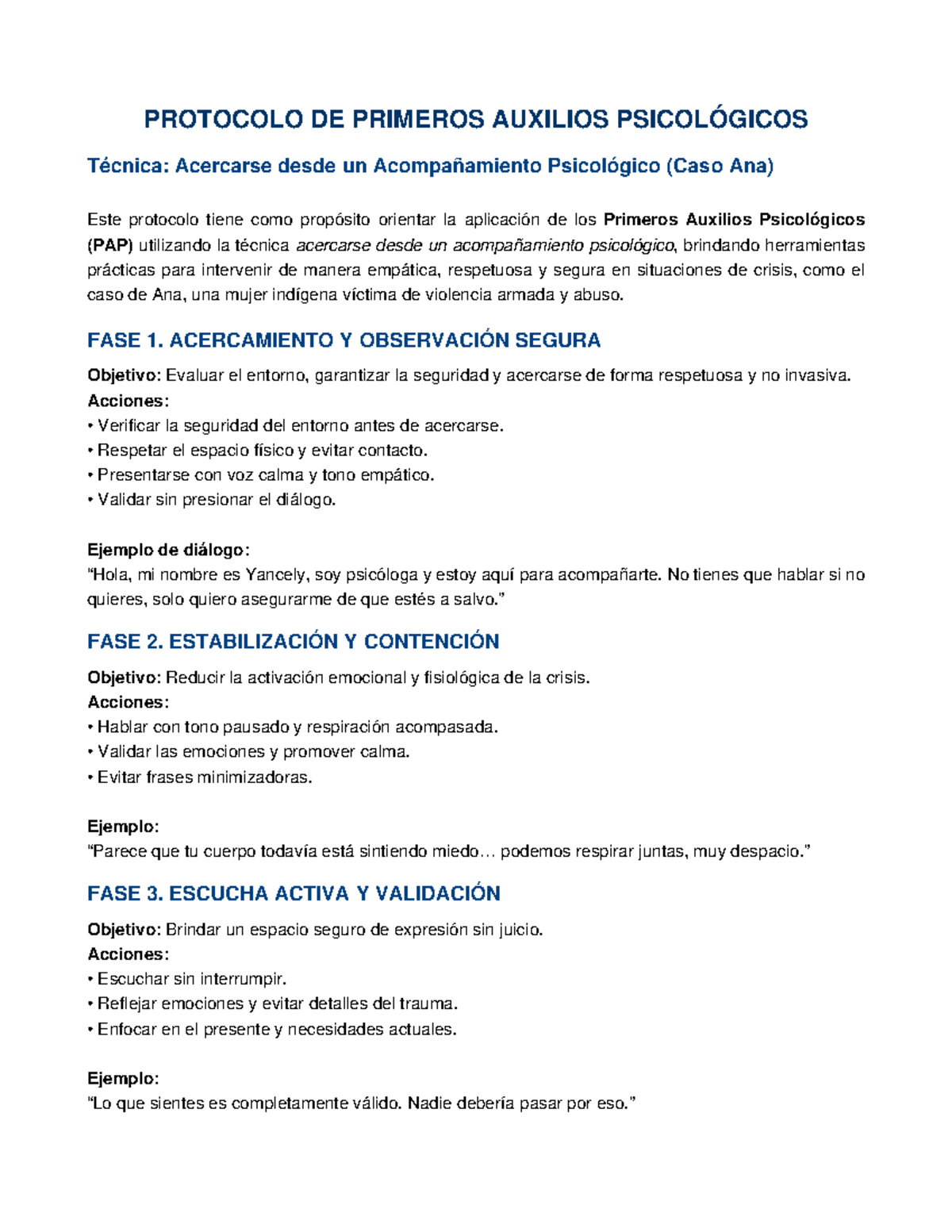 Protocolo de Primeros Auxilios Psicológicos (PAP) - Caso Ana - Studocu