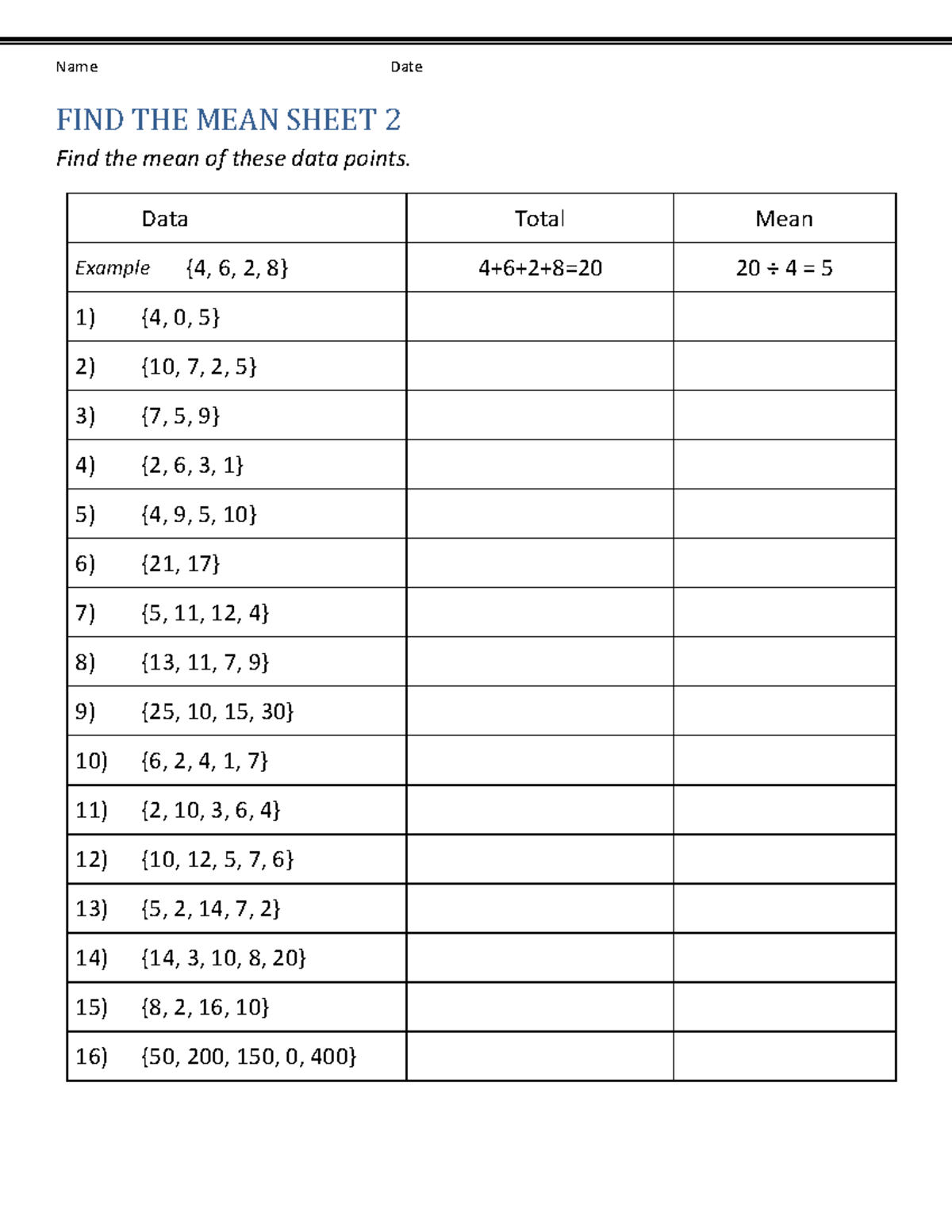 Mean & Median Worksheets for Stats Course: MEAN, MEDIAN, MODE, RANGE ...