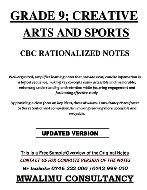Grade 8 Creative Arts & Sports Lesson Notes: Complete Overview - Studocu