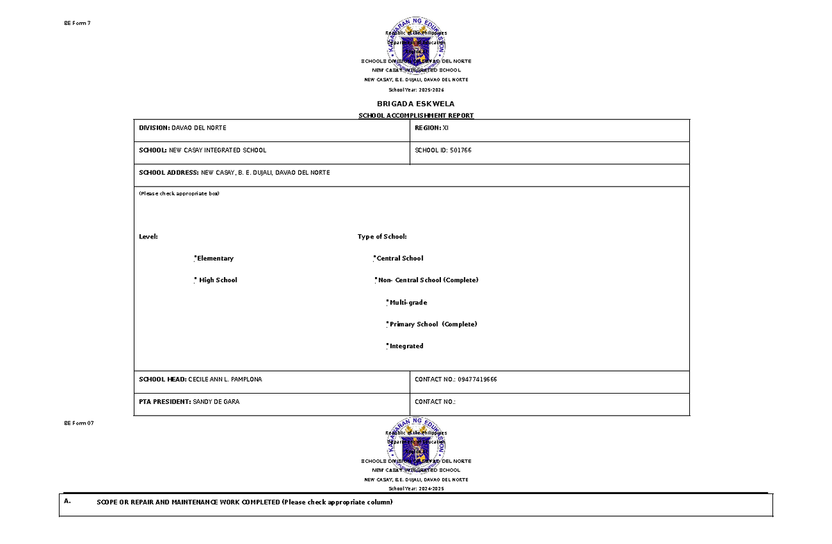 BE Form 7: Brigada Eskwela School Accomplishment Report 2025 - Studocu