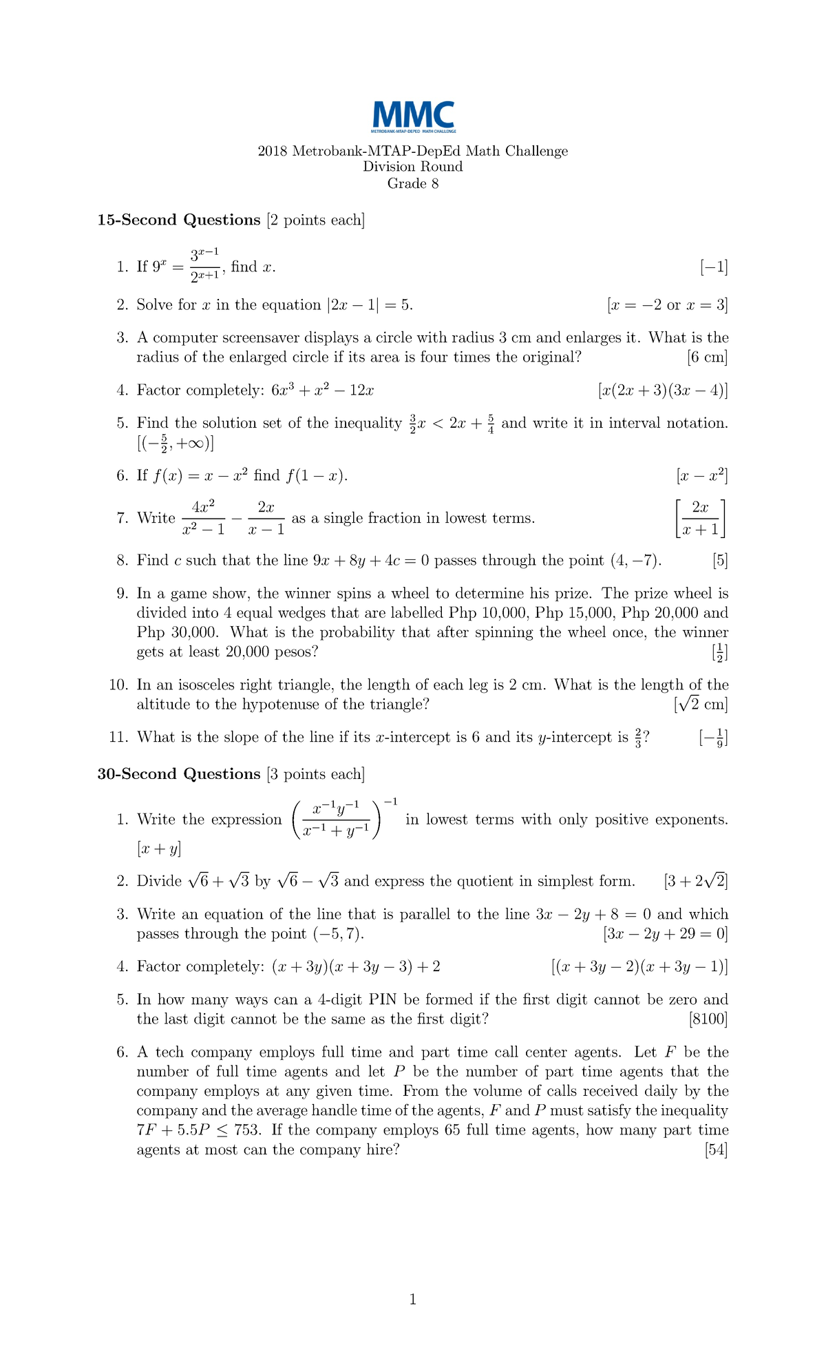 MMC Questions for Division Finals Grade 8 - 2018 Metrobank-MTAP-DepEd ...