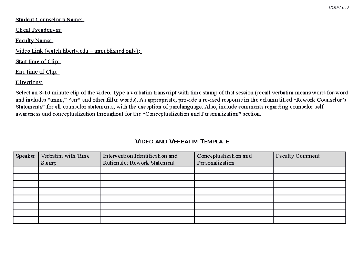 COUC 699 Video Verbatim Transcript Template for Counseling Sessions ...