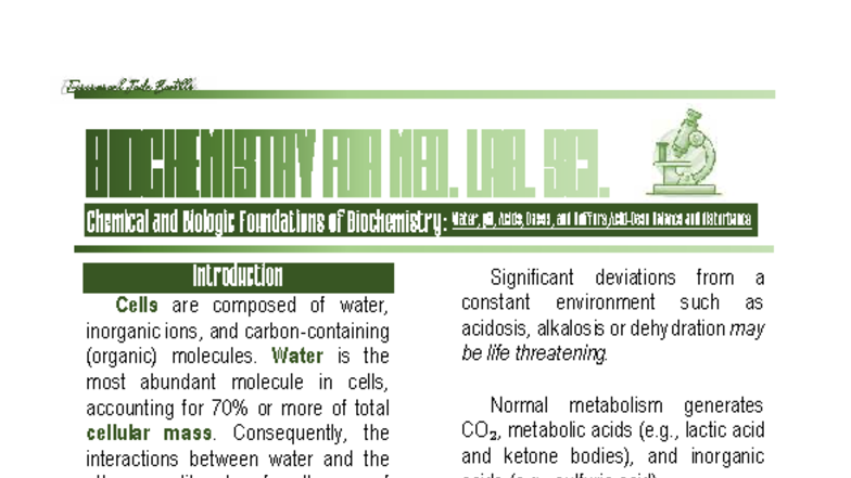 Biochemistry - Chapter 1: The Role of Water and Acids in Cells - Studocu