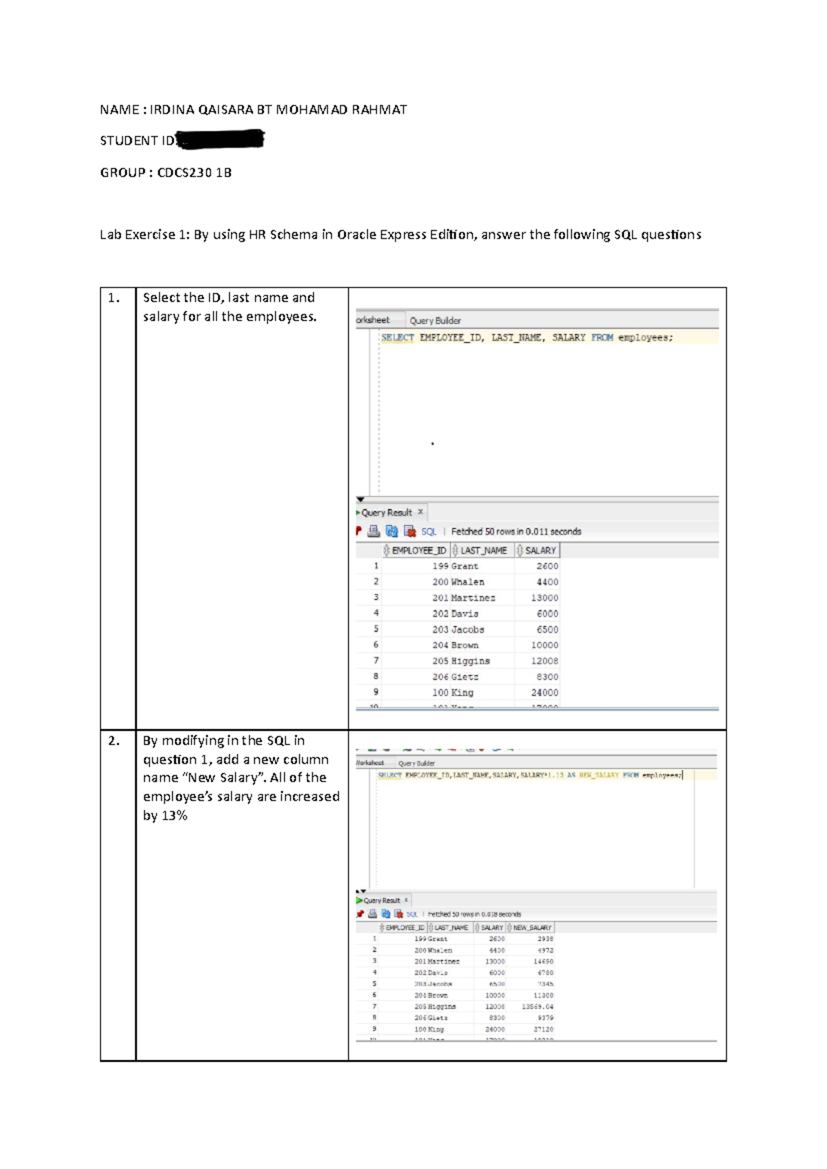 Lab Exercise 1-3: SQL Queries Using HR Schema in Oracle (ICT502) - Studocu