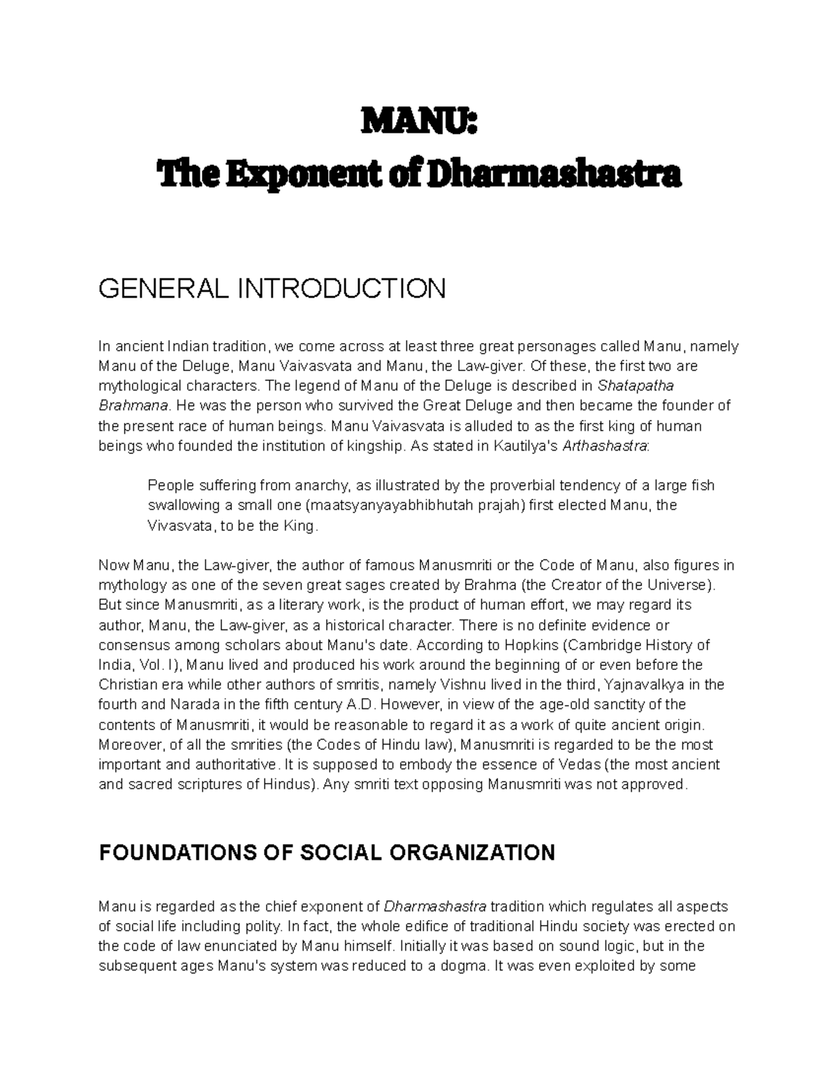 MANU - Insights on Politics & Social Order in Manusmriti - Studocu