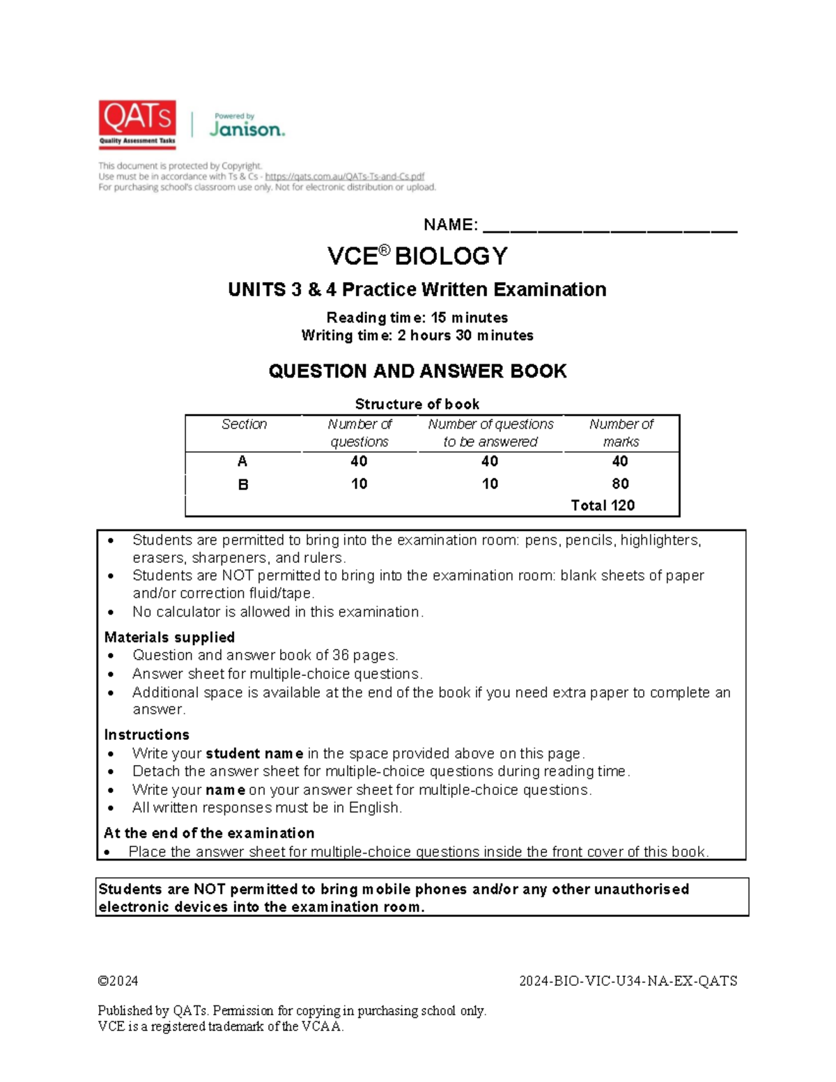 2024 VCE BIOLOGY Units 3 & 4 Practice Written Examination - Studocu